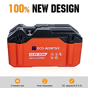 ECO-WORTHY Portable 12V Lithium Battery, 20Ah LiFePO4 Deep Cycle Rechargeable Battery, Built-in BMS, 4000+ Cycles,Perfect for Outdoor Camping Fishing RV Marine Trolling Motor Fishfinder