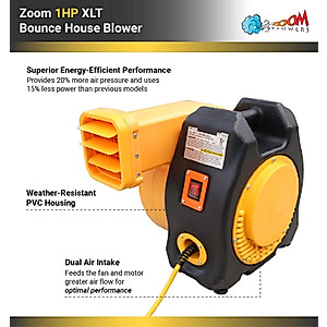 Zoom Blowers XLT 1hp Inflatable Bounce House Blower Fan, Energy Efficient, Commercial Electric Low Amp Draw Air Blower for Inflatables, Water Slide, Bouncy House, or Obstacle Course for Kids