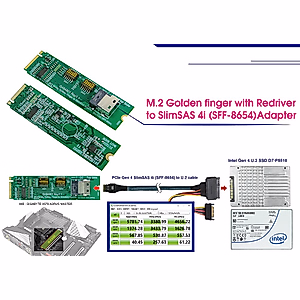 Micro SATA Cables|M.2 M-Key PCIe Gen4 to SlimSAS 4i (SFF-8654) Adapter with ReDriver for High-Speed Data Transfer