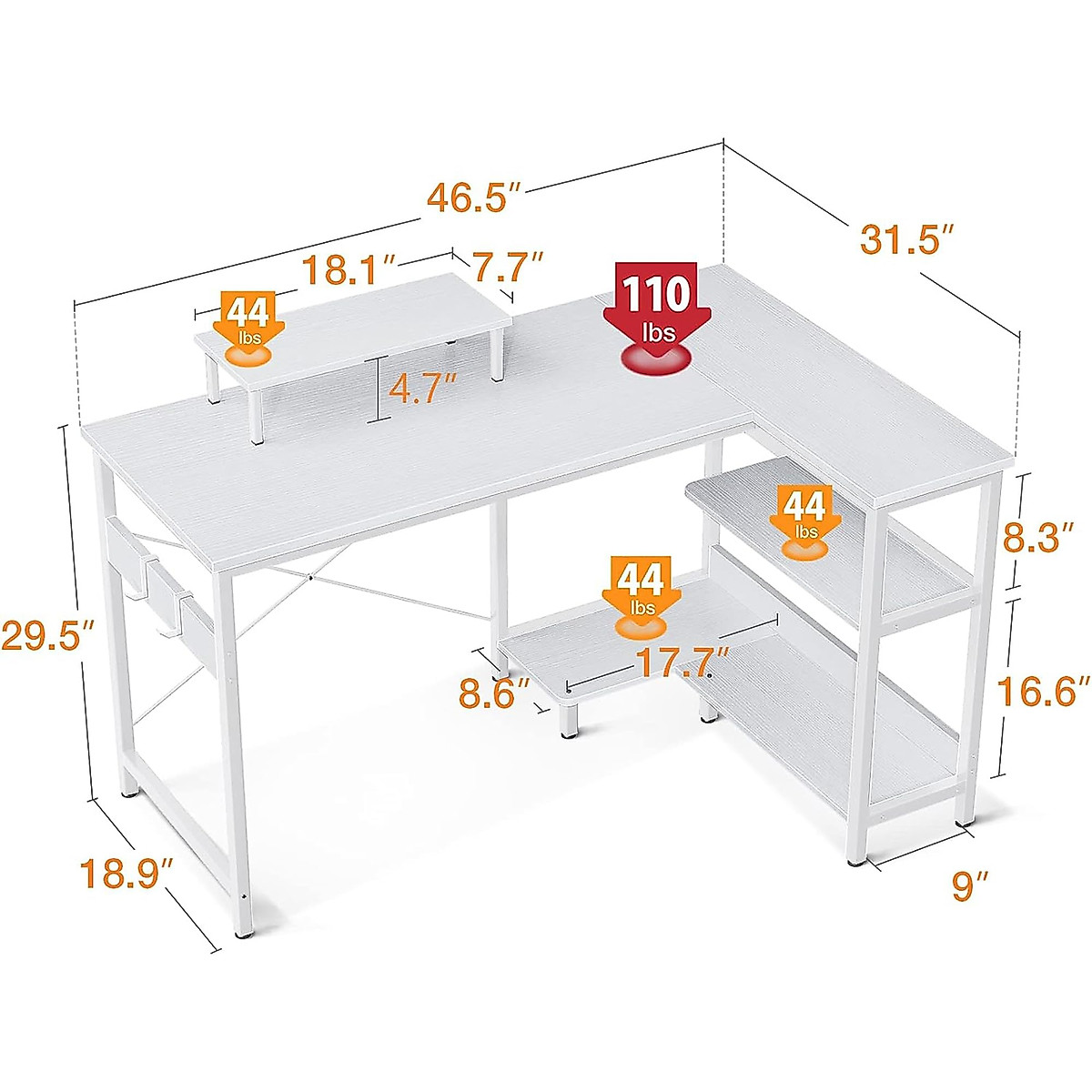 ODK 47 Inch Small L Shaped Computer Desk with Reversible Storage Shelves, L-shaped Corner Desk with Monitor Stand for Small Space, Modern Simple Writing Table for Home Office Workstation, White