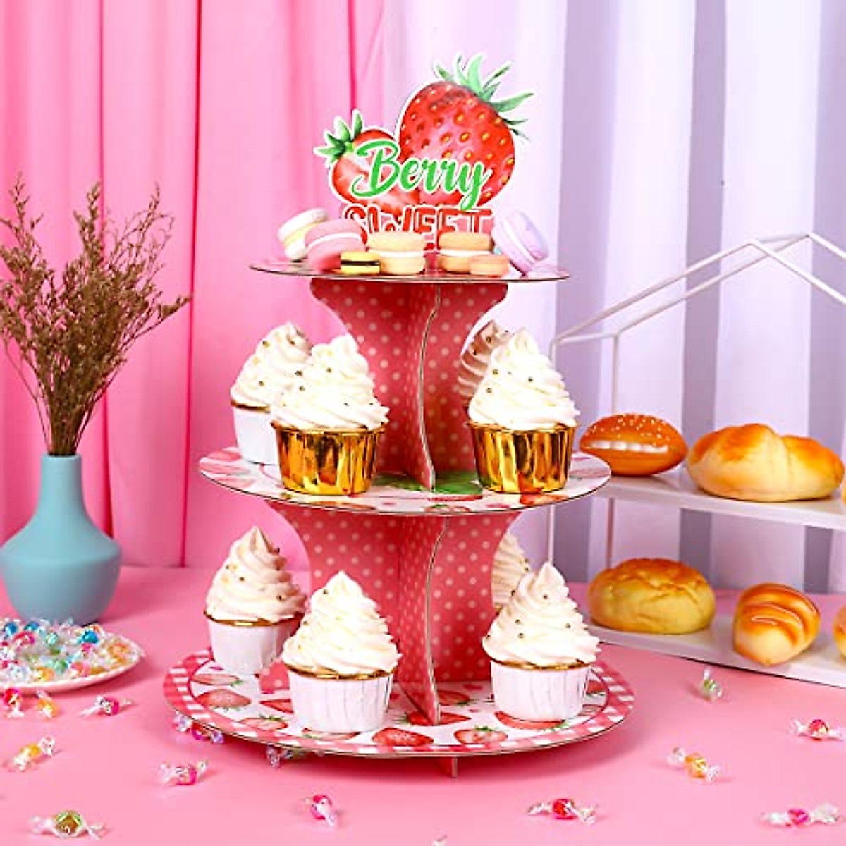 Strawberry Cupcake Stand - Berry Sweet Birthday Party Decorations, 3 Tier Round Strawberry Themed Dessert Tower Stand, Cupcake Holder Stand for Sweet One Birthday Party Decorations