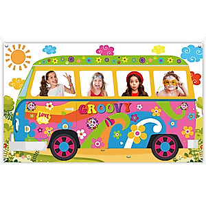 60's Hippie Bus Photo Prop 60s Party Decorations Large Fabric Retro Groovy Van Prop Hippie Selfie Frame Backdrop Background Banner Birthday Party Supplies Retro 60s 70s Party Favors 65.8 x 35.4 Inch