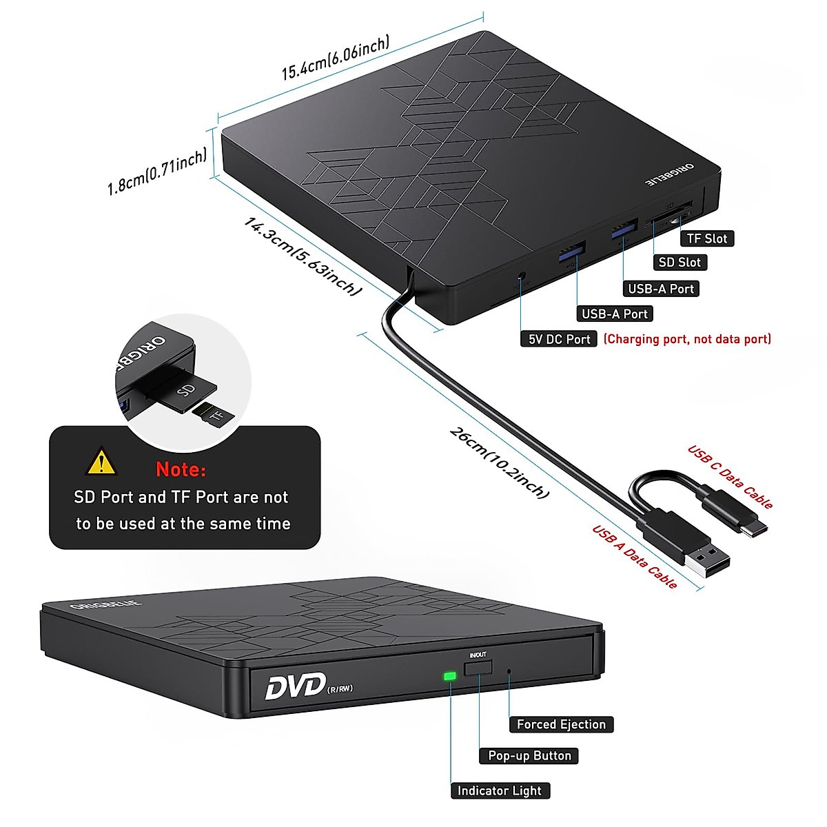 ORIGBELIE External CD DVD Drive, CD Burner USB 3.0 with 2 USB Ports and 2 TF/SD Card Slots, Optical Disk Drive for Laptop Mac, PC Windows 11/10/8/7 Linux OS with Carrying Case