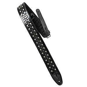 Walker & Williams DLX-215 Antiqued Black Finish Padded Guitar Strap with Metal Studs For Acoustic, Electric, And Bass Guitars