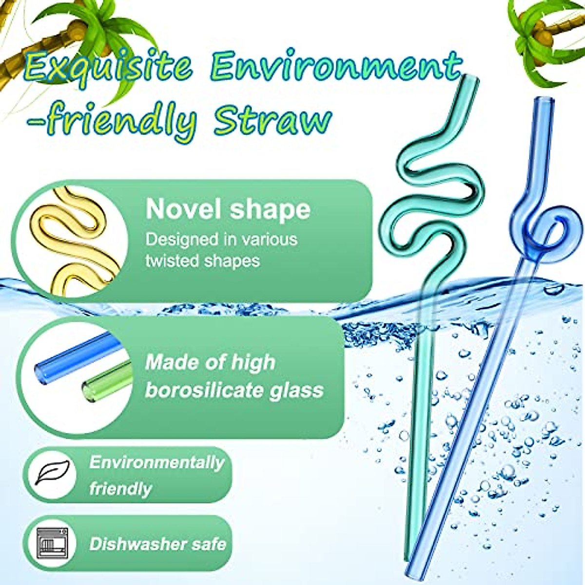 Yinkin 6 Pcs Wavy Glass Straws Reusable Curved Straw Shatter Resistant with 2 Cleaning Brushes Clear Silly High Borosilicate for Kids Adults Smoothies Juice (Colorful, 8 Inch)