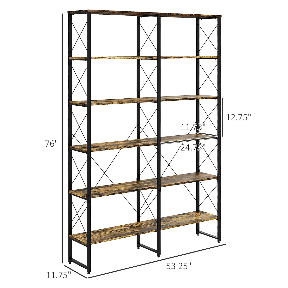 HOMCOM Bookshelf, Tall Industrial Bookcase with 6 Shelves, 5-Tier Storage Rack with Steel Frame, 53.25" Wide Display Rack, X-bar for Living Room, Home Office, Rustic Brown