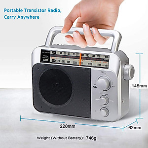 Retekess TR604 AM FM Radio Portable Transistor Analog Radio with 3.5mm Earphone Jack Battery Operated Boombox by 3 D Cell Batteries or AC Power (Silver, AM FM)