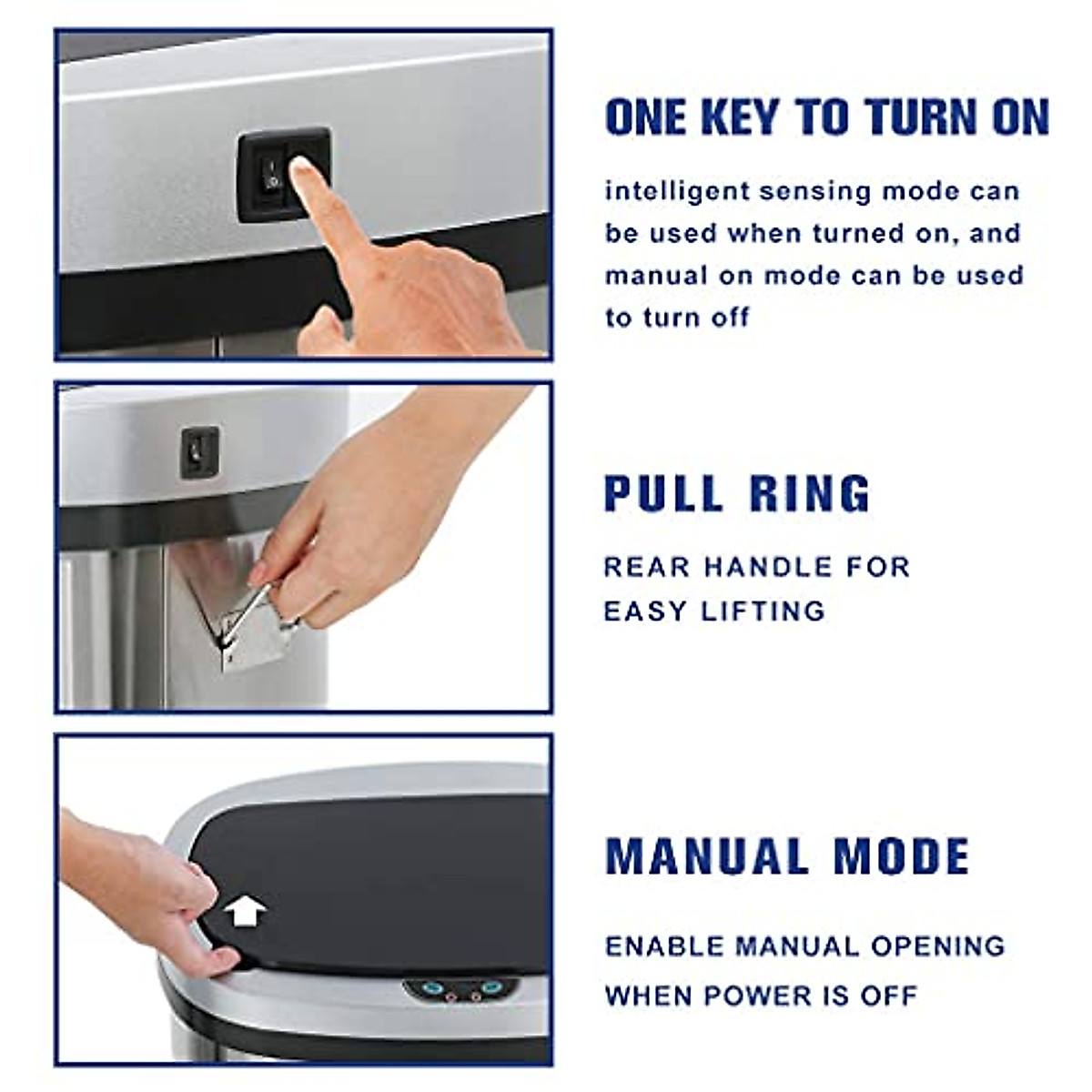 HHS 13 Gallon Kitchen Trash Can Stainless Steel Garbage Bin with Lid Automatic Touch Free High-Capacity Waste Bin Metal Soft-Close Garbage Can for Home Office Bedroom, Silver