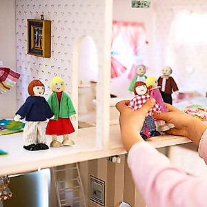 Jzszera Wooden Dollhouse Family Set of 7, Mini Figures for Pretend Play, Classic Doll House Accessories for Kids & Toddlers