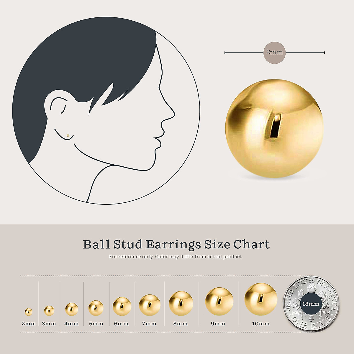 KEZEF 14k Yellow Gold Sterling Silver Ball Stud Earrings for Women - Hypoallergenic Lightweight Small Stud Earrings for Women | 2mm Ball Earrings