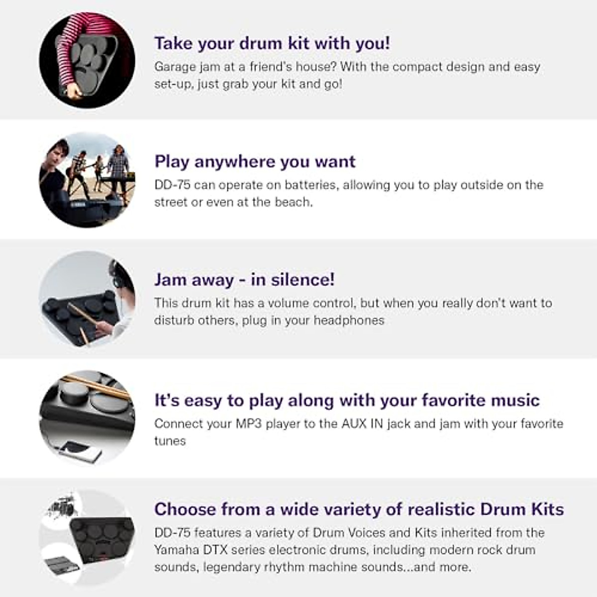 Yamaha DD75 Portable Digital Drums with 2 Pedals, Drumsticks and PA130 Power Adapter