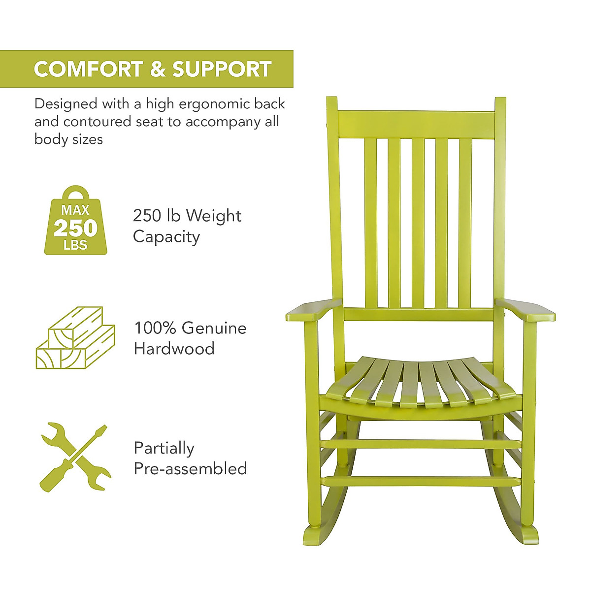 Shine Company Vermont Rocking Chairs, Outdoor Front Porch Rocker Set of 2, Lime