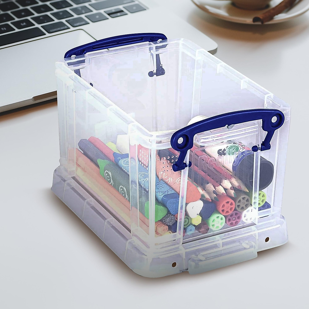 Really Useful Box 1.6 Liter Plastic Stackable Storage Container with Snap Lid & Built-In Clip Lock Handles for Home or Office Organization, 4 Pack