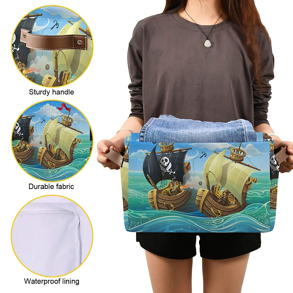 HANZHY Pirate Ship Large Fabric Storage Bins Foldable Cube Storage Bag Storage Basket with Handle for Closet Shelves Clothes Toys one size x 1