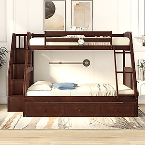 Bellemave Twin Over Full Bunk Bed with Stairs and Storage Drawers, Wood Bunk Bed Frame with Three Drawers and Shelves, Modern Detachable Bunked Frame for Kids Boys Girls Teens, Espresso
