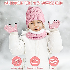 JaGely 9 Pieces Kids Winter Hat Scarf Glove Set Girls Toddler Children Winter Hats Beanie with Fleece Lined Neck Warmer Gaiter Touchscreen Gloves Mittens, Pink, White, Purple