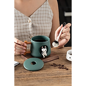 DIHOclub Ceramic Coffee Mug with Lid and Matching Spoon,Novelty 3D Husky Pattern Mug for Tea Milk Chocolate Juice,Cute Cup for Dog Lovers,Perfect Gifts-14 Ounces (green)