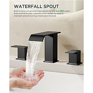 FORIOUS Bathroom Faucets, Black Bathroom Faucet 3 Hole, Waterfall Matte Black Bathroom Faucet with Pop-up Drain and Supply Lines, 8 Inch Widespread 2 Handle Faucet for Bathroom Sink Vanity RV