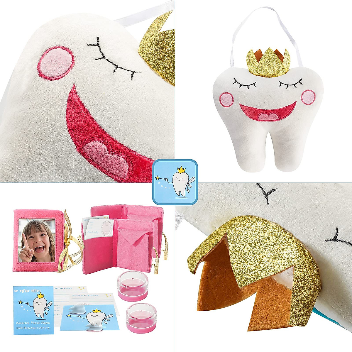ALLYORS Tooth Fairy Pillow for Girl Tooth Fairy Kit for First Tooth Tooth Fairy Box with Keepsake Notepad, Tooth Fairy Pouch and Bag for Tooth Fairy Gifts (Pink-1)