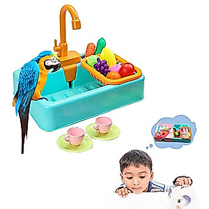 SGQCAR Pet Parrots Bathtub Pretend Play Kitchen Sink Toy Electric Dishwasher Playing Toy Parrot Bathtub with Faucet Bird Bathing Box Bird Feeder Bird Bathroom Toys Green