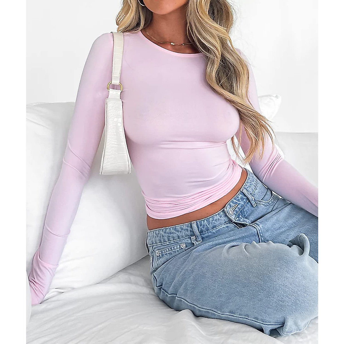 Women Long Sleeve Workout T-Shirt Y2k Basic Crewneck Fitted Tops Summer Clean Girl Aesthetic Yoga Clothes