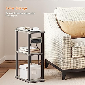 TUTOTAK Small Narrow Side Table with Charging Station, Set of 2 Skinny End Table for Small Spaces, Slim Nightstand with USB Ports and Outlet,Sofa Beside Table with Wheels, Greige TB01BG047