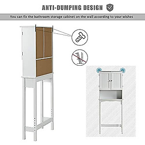 Merax, White Over-The-Toilet Shelf, Bathroom Storage Cabinet Organizer with Two Doors, Soild Wood Frame