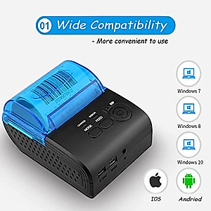 Yoidesu Mini Receipt Printer,58mm Portable Bluetooth Mobile Thermal Printer Compatible with Android Windows Vista Linux,Bluetooth 4.0 Label Printer Wireless (US Plug)