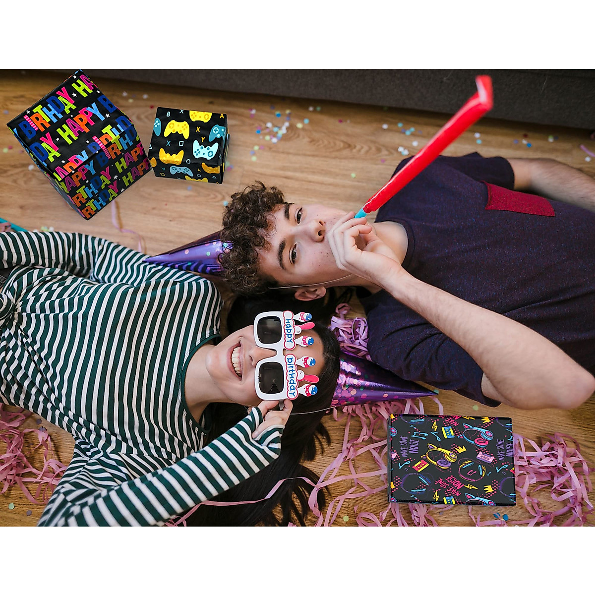 ZINTBIAL Gaming Birthday Wrapping Paper for Boys Girls Kids Baby Shower - Black Gift Wrapping Paper with Colorful Gamepad, Pink Headphones, Happy Birthday - 20 x 29 Inches per Sheet (8 Folded Sheets), Recyclable, Easy to Store, Not Rolled