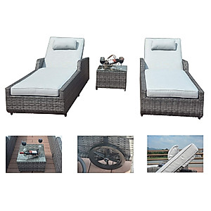 Direct Wicker 3 Pieces Aluminum Frame Outdoor Patio Chaise Lounge with Wheel PE Wicker Adjustable Chaise Lounge Chairs Chair Set for Garden