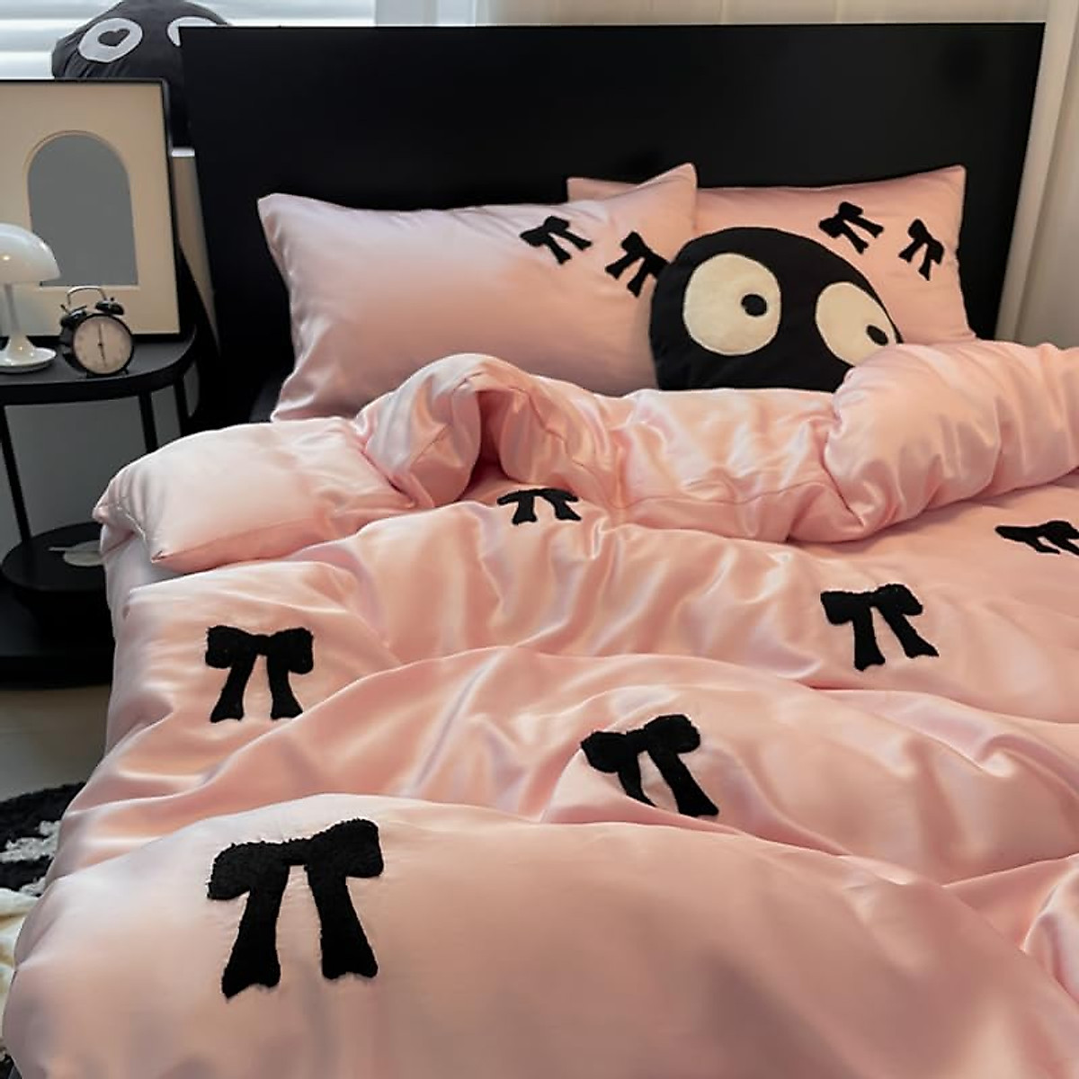 SOULZZZ Pink Duvet Cover Set for Bed, 3 Piece Ultra Soft Satin Comforter Cover, Luxury Silky Black Bow Print Bedding Set, 1 Duvet Cover 70"x86" and 2 Pillow Cases (No Comforter)