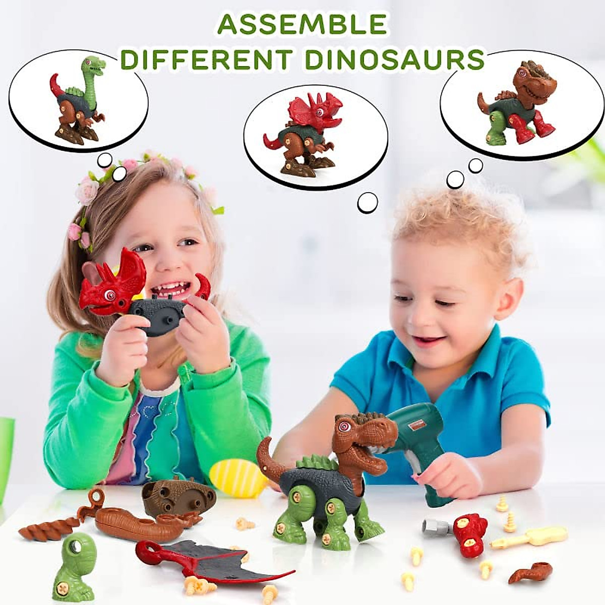 TOY Life 4-Pack Take Apart Dinosaur STEM Toys for Ages 3-12, Educational Building & Construction Set, Toddler Boys Gift, Preschool Learning Dinosaur Games with Tools