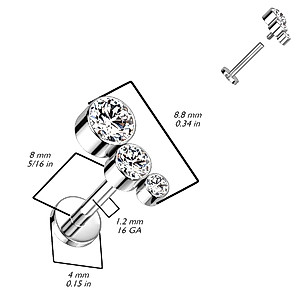 Pierced Owl 16GA G23 Implant Grade Titanium Descending Bezel Set Triple CZ Crystal Curved Internally Threaded Stud (Silver Tone/Aurora Borealis)