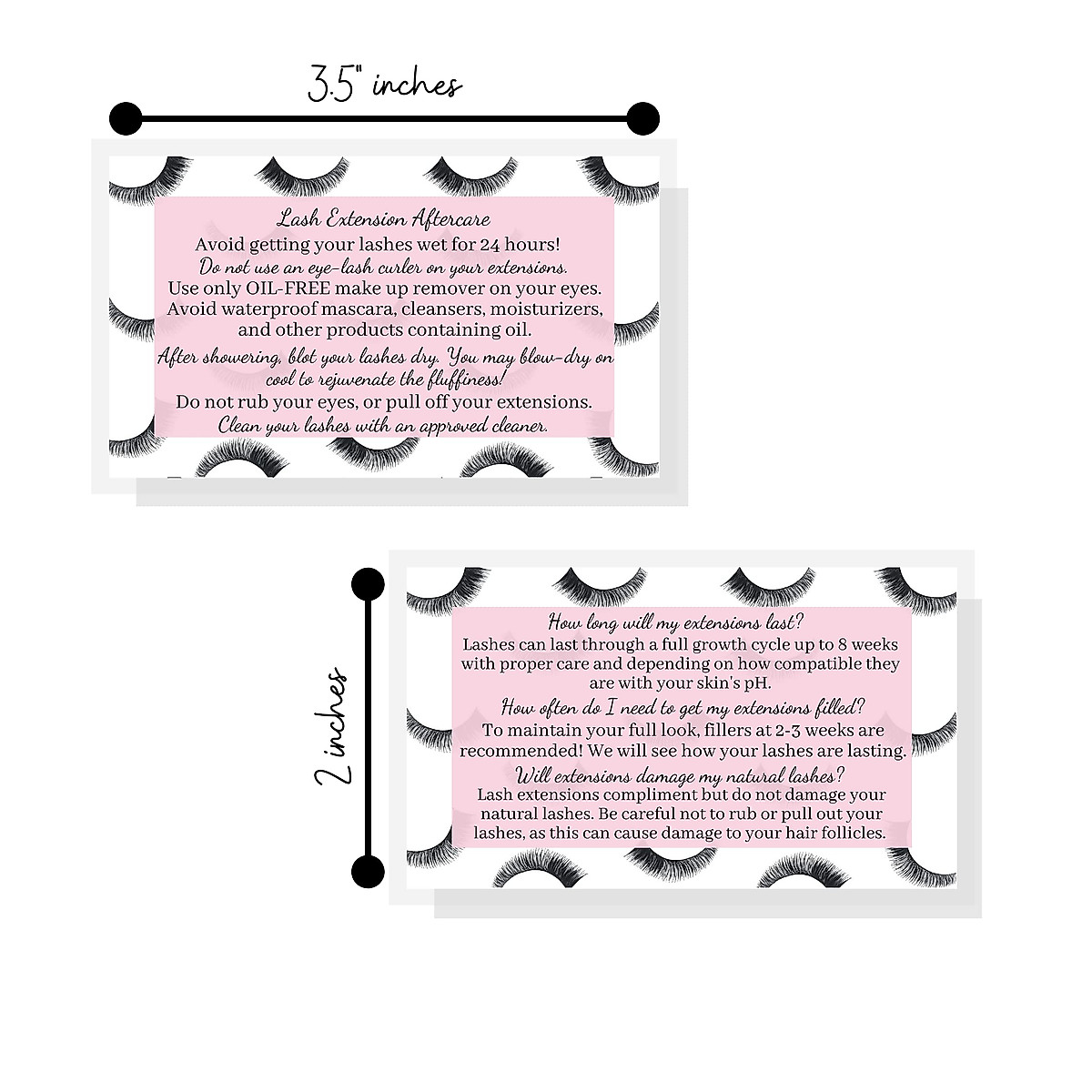 Lash Extension Aftercare Cards | 50 Pack | Eyelash Extension Supplies | Lash Print & Pink Design | Size 3.5 x 2" inches | After Care (2-3 Week Fillers)