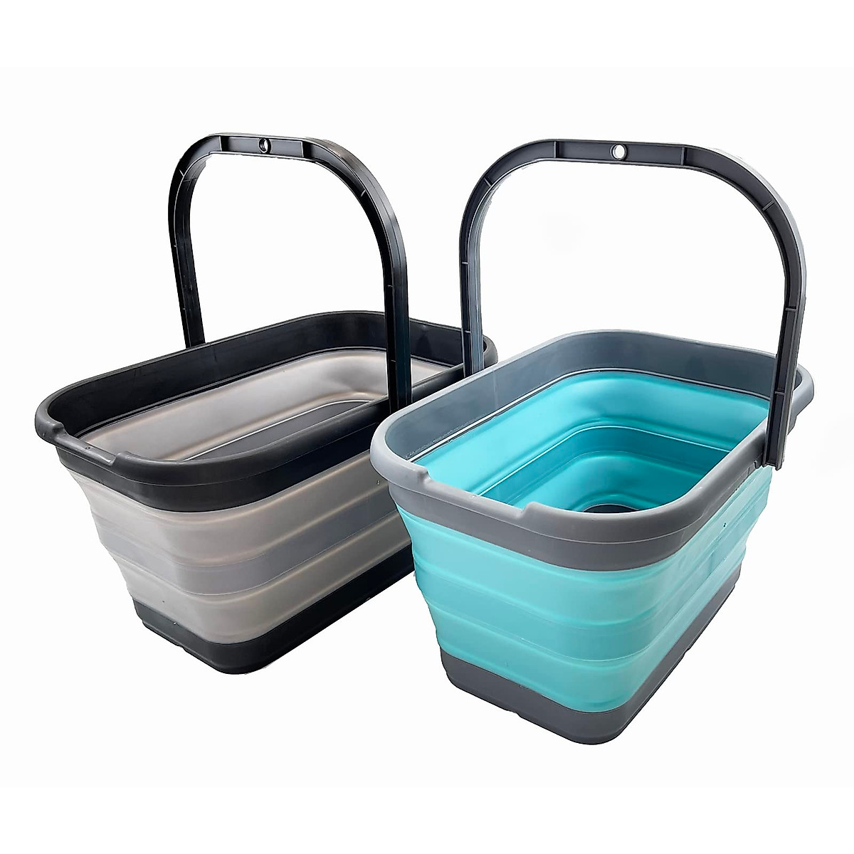 SAMMART 12L (3.1 Gallon) Collapsible Rectangular Handy Basket/Bucket/Multiuse Foldable Water Pail for Camping, Fishing (Alloy Grey + Crystal Blue (Set of 2))