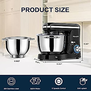 HOWORK Stand Mixer, 660W Electric Kitchen Food Mixer With 6.55 Quart Stainless Steel Bowl, 6-Speed Control Dough Mixer With Dough Hook, Whisk, Beater (6.55 QT, Black)