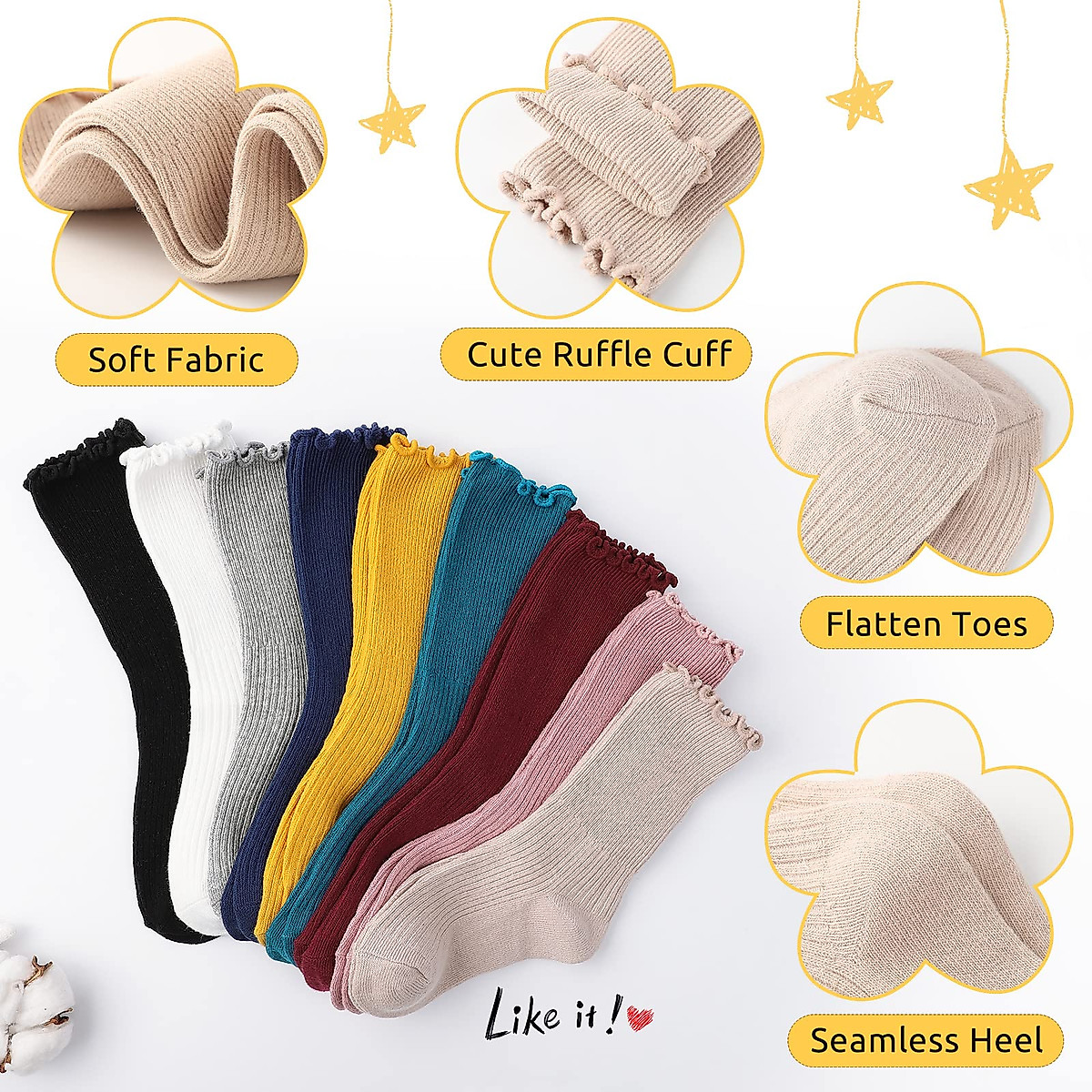 KEREDA Ruffle Socks for Girls School Uniform Slouch Crew Socks Kids 6 Pairs L Black White Grey