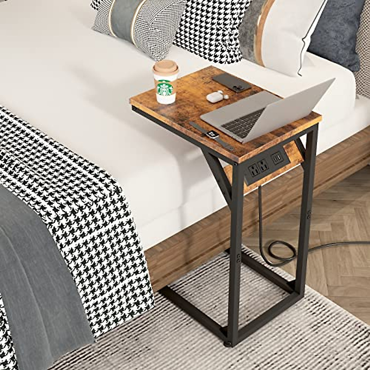 NONGSHIM Side Table, Slim C Shaped End Table with Charging Station, Small Snack Table for Living Room, Bedroom, Sofa Table with USB Ports and Outlets for Small Spaces, Rustic Brown