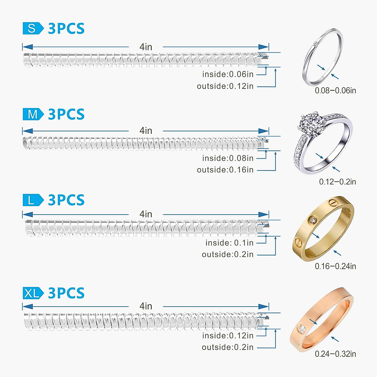 AdnesUSA Invisible Ring Size Adjuster - 12 Pack, 4 Sizes - for Loose Rings,Clear Invisible Ring Resizer Fit Any Ring Guard,Transparent Jewelry Sizer Spiral Silicone Tightener