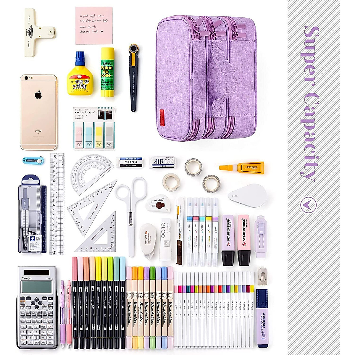 SAIVEN Large Capacity Pen Pencil Case Stationery Storage Large Handle Pen Pouch Bag 3 Layers Pen Pencil Organizer Bag with Double Zipper, Cosmetic Bag for Men Women Adults (Purple)