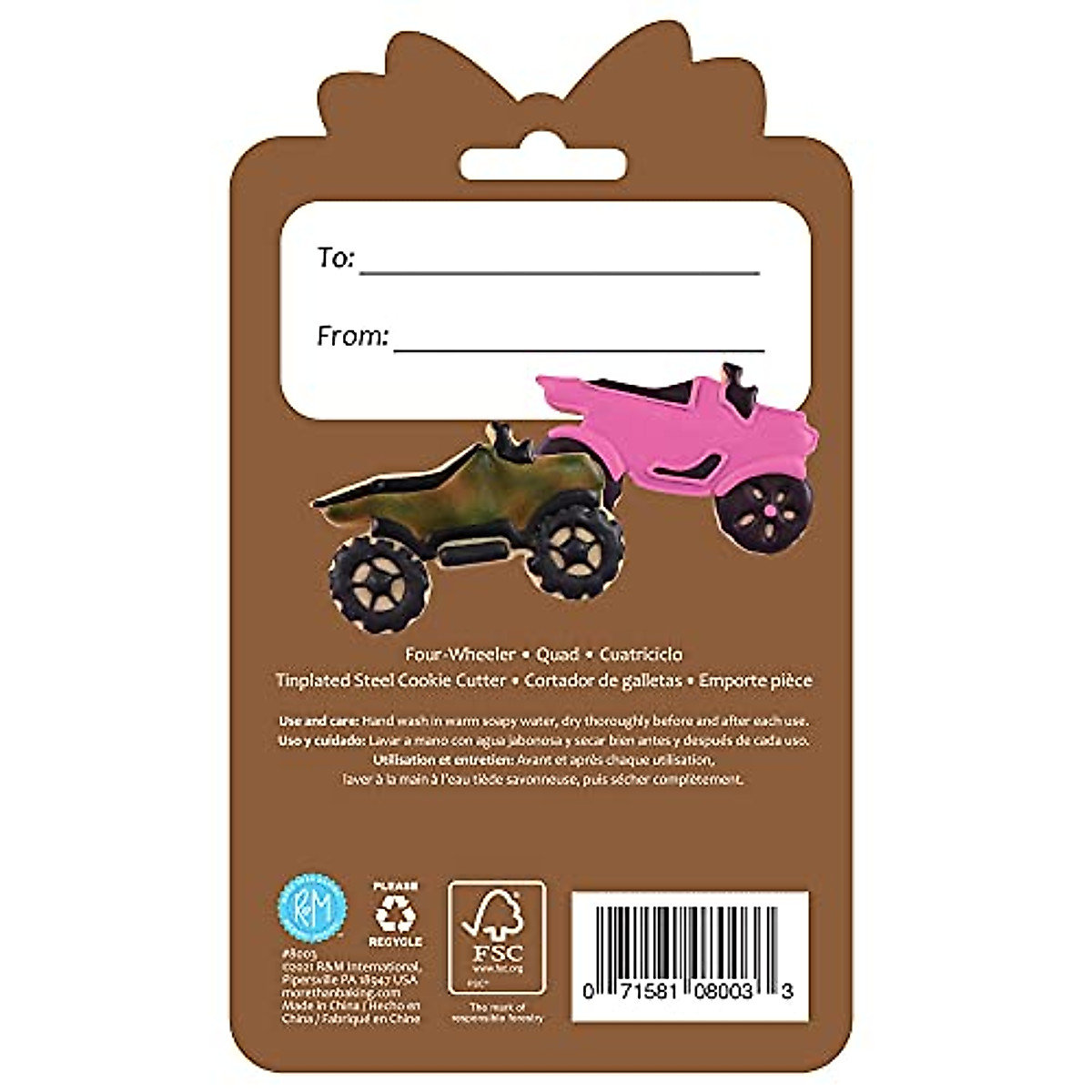 R & M International 8003 Four Wheeler ATV Shaped Tinplated Steel Cookie Cutter, 3.75", Gift Tag Carded