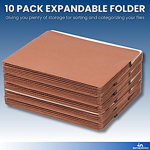 1InTheOffice Expanding File Pockets, Accordion File Organizer, Letter Size, Brown Redrope, 8 1/2" x 11", 1200 Sheet Capacity, 5 1/4", 10 Pack