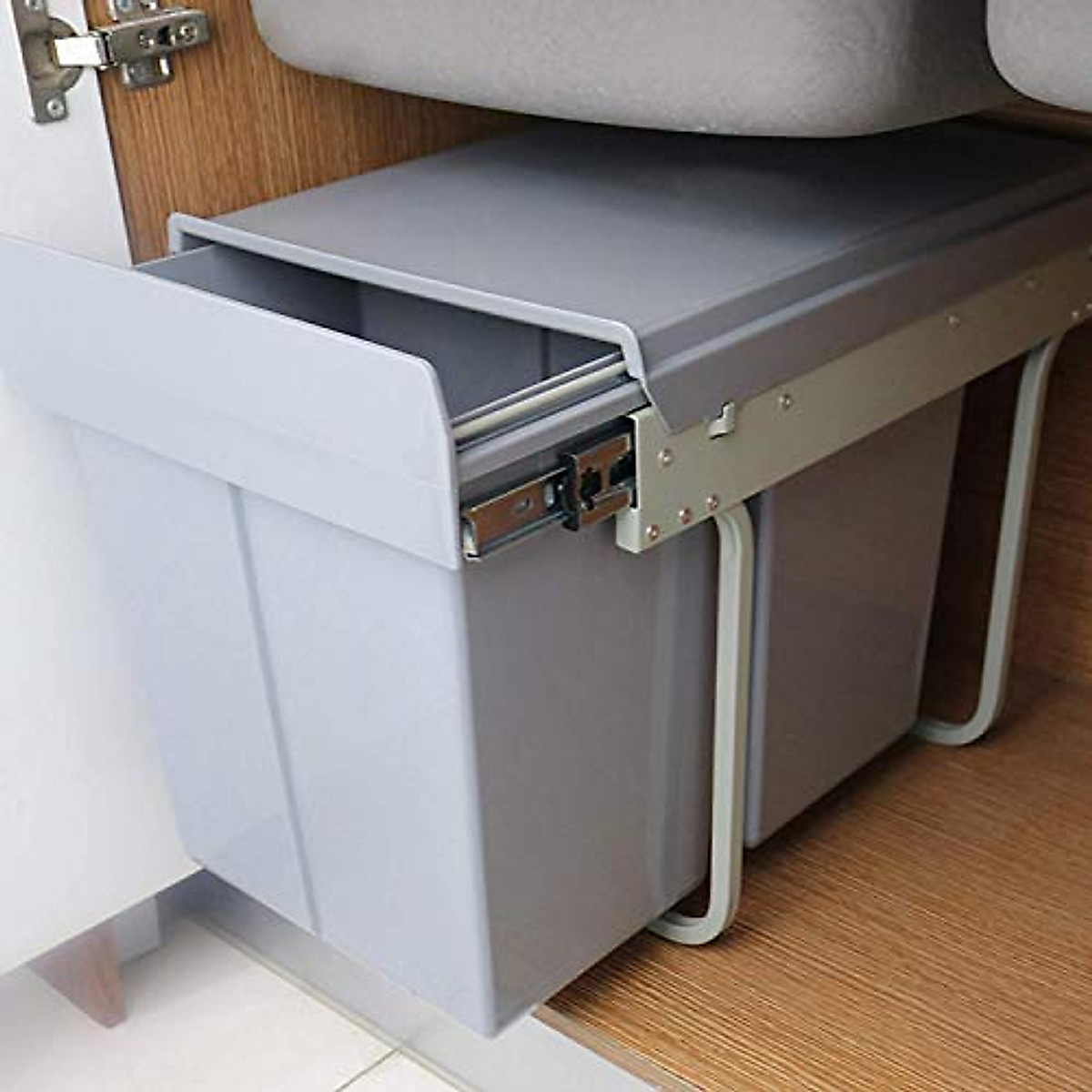 MYOYAY Double Pull Out Under Cabinet Trash Can with Lid 10L + 20L (8 Gallon) Kitchen Cabinet Garbage Can Sliding Out Under Counter Waste Bin, 30 Liters