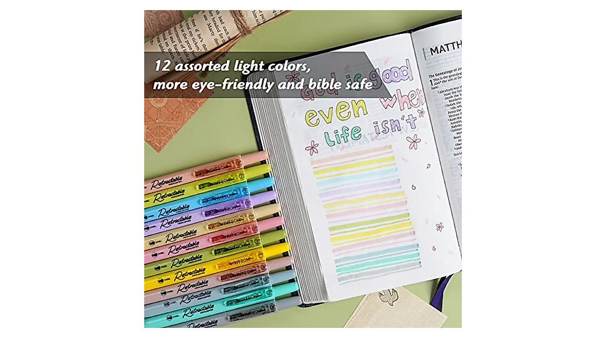 WRITECH Retractable Bible Highlighters Assorted Pastel Colors 12 Pack