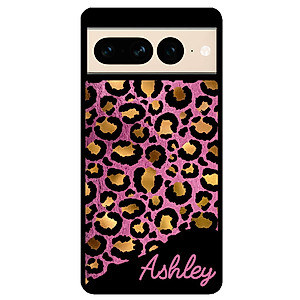 Leopard Skin Pink Gold Foil Personalized Black Rubber Phone Case Compatible With Google Pixel 8 Pro, 8a, 8, 7a, 7, Pixel 7 Pro, 6a, 6 Pro, 6, 5, 4a 5G, 4a 4G, 4, 4 XL, 3a, 3a XL, 3, 3 XL, 2 XL, 2