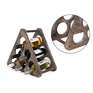 Rustic State Marche Countertop Wood Wine Rack Holder for 6 Bottle Storage Tabletop Triangle Design Freestanding Organizer - Home, Kitchen, Dining Room Bar Décor - Burnt Brown
