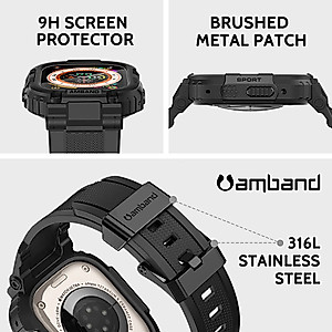 amBand Bands Case Screen Protector Compatible with Apple Watch Ultra 2/1 49mm for Men, M1 Sport Series Rugged Cover Strap and 9H Tempered Glass, Military Protective Bumper for iWatch 49 mm Men Black
