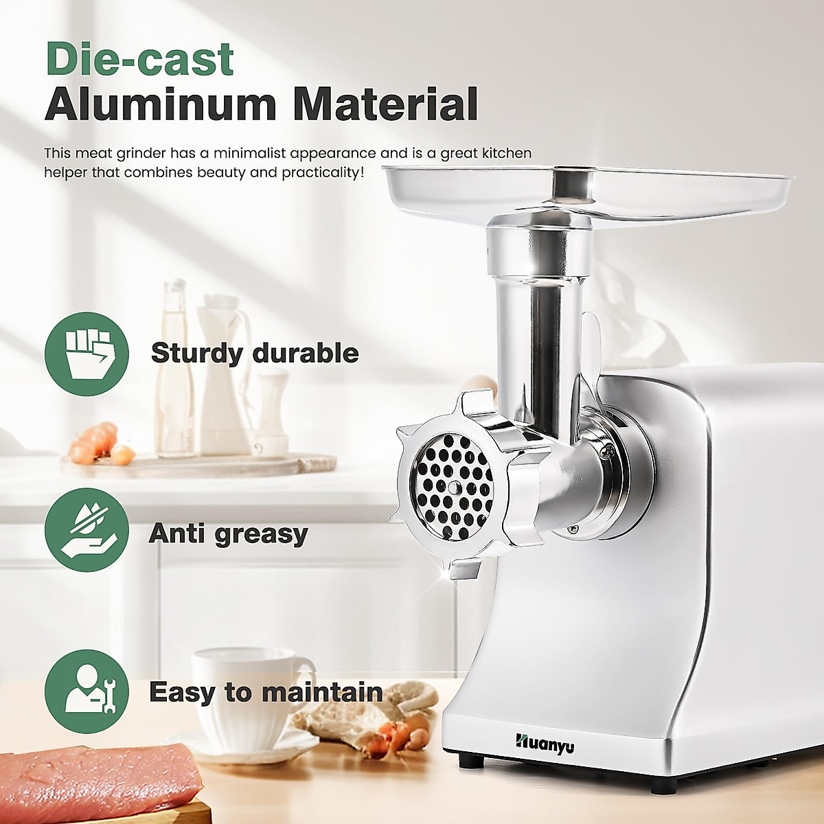 Huanyu Meat Grinder Electric 2800W Max Meat Mincer with Stainless Steel Blade&3 Plates, 3 Sausage Stuffers, Kubbe Kits Heavy Duty Food Grinding Machine for Home Kitchen & Commercial Using