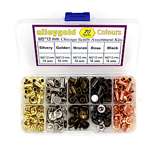 Alloygold 70 Sets Chicago Screw 1/2 inches Kit 5 Color Leather Rivets Screw Rivets Chicago Screw Buttons DIY Leather Trim Black Silver Gold Copper Rose Gold （M5*12）