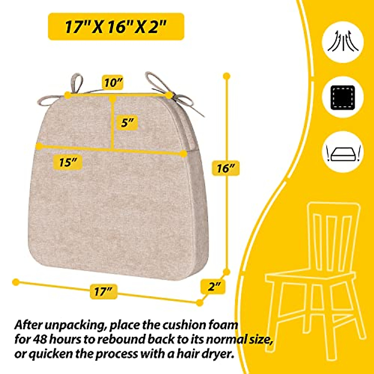 AAAAAcessories D-Shaped Chair Cushions for Dining Chairs with Ties and Removable Cover, 2" Thick Dining Kitchen Chair Pads, Indoor Dining Room Chair Cushions, 17" x 16", Set of 4, Beige